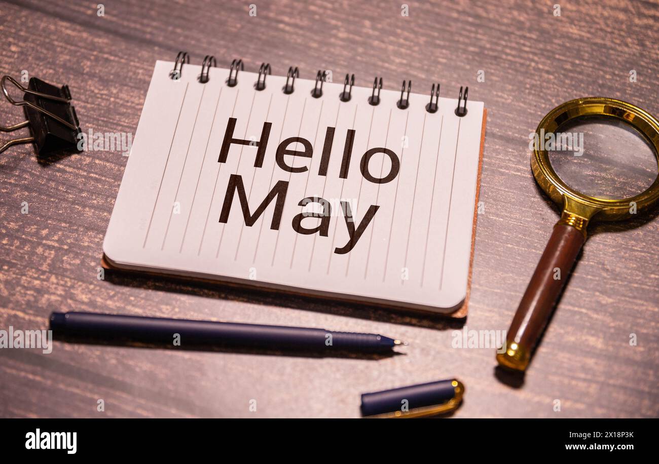 Hello May sign with sky background Stock Photo - Alamy