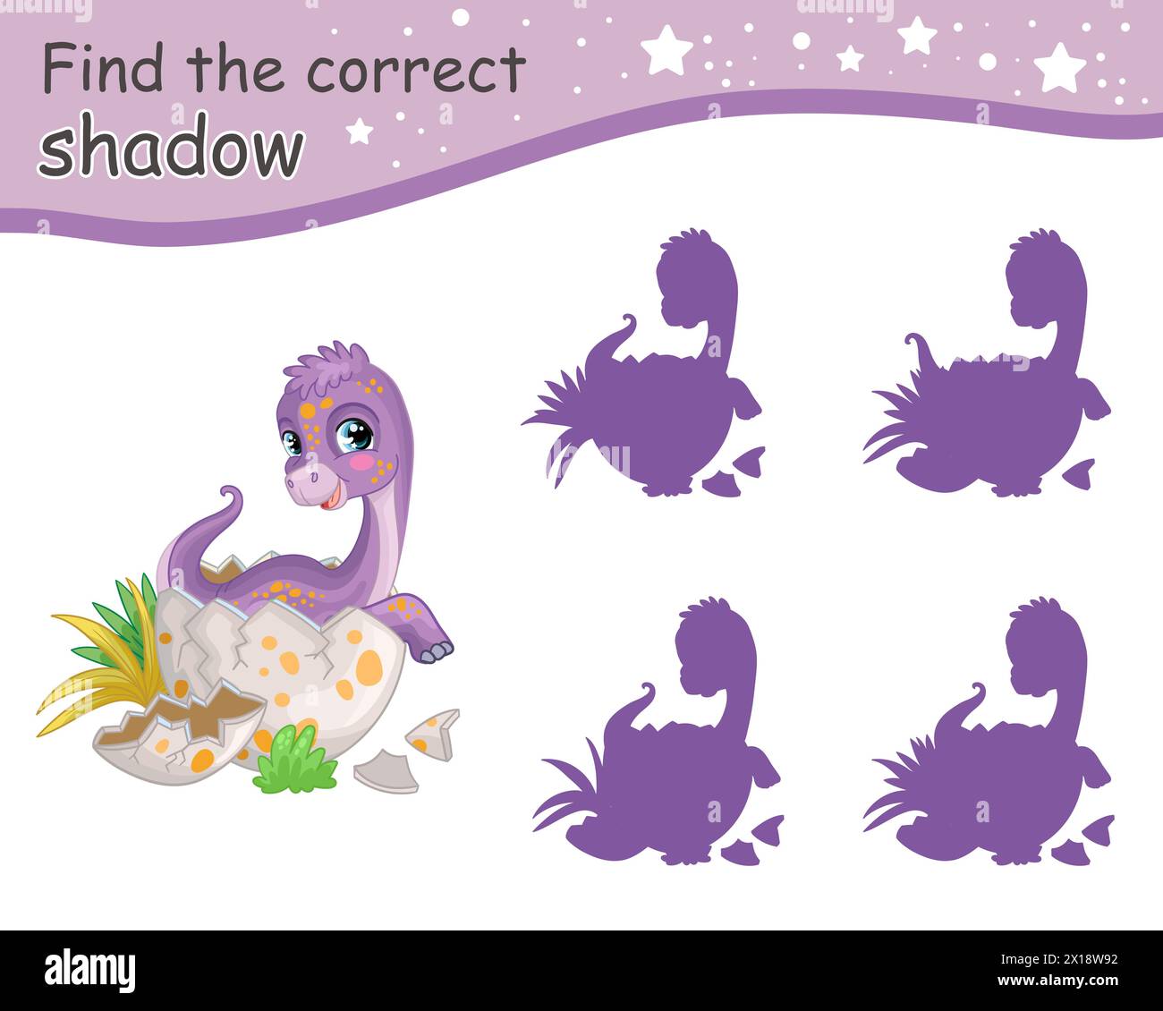 Find correct shadow. Cute cartoon baby brontosaurus dinosaur ...
