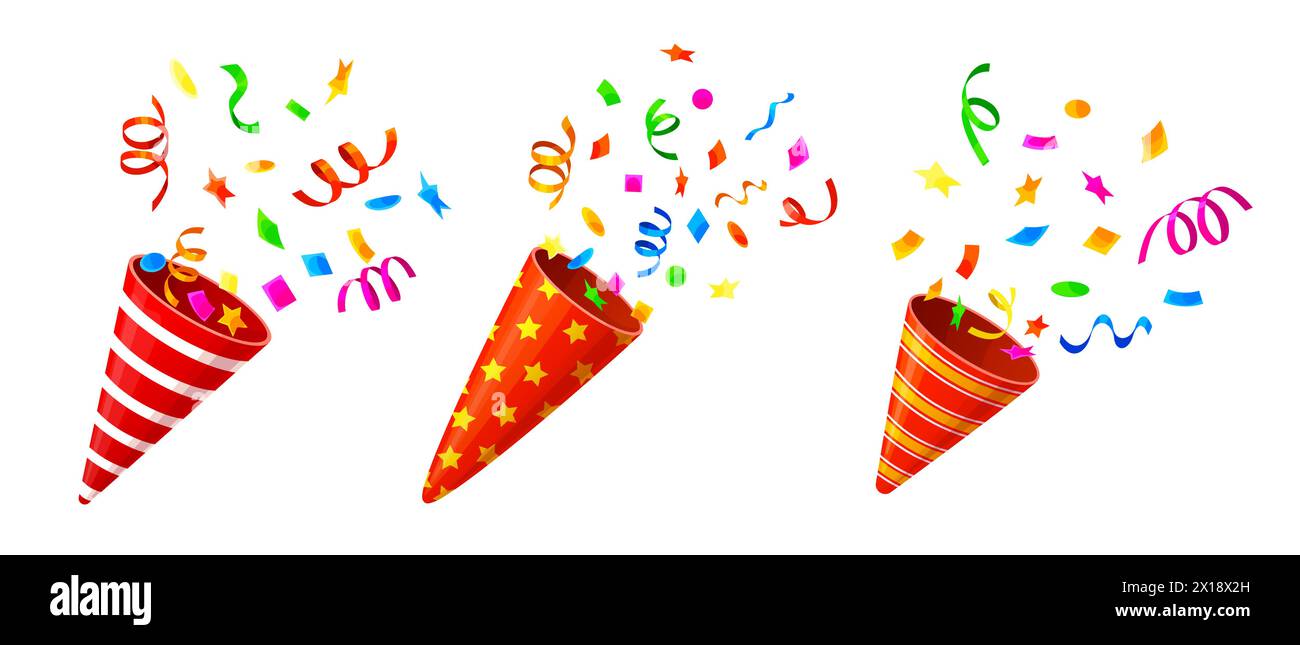 Holiday party popper striped cones, birthday firecrackers with confetti ...