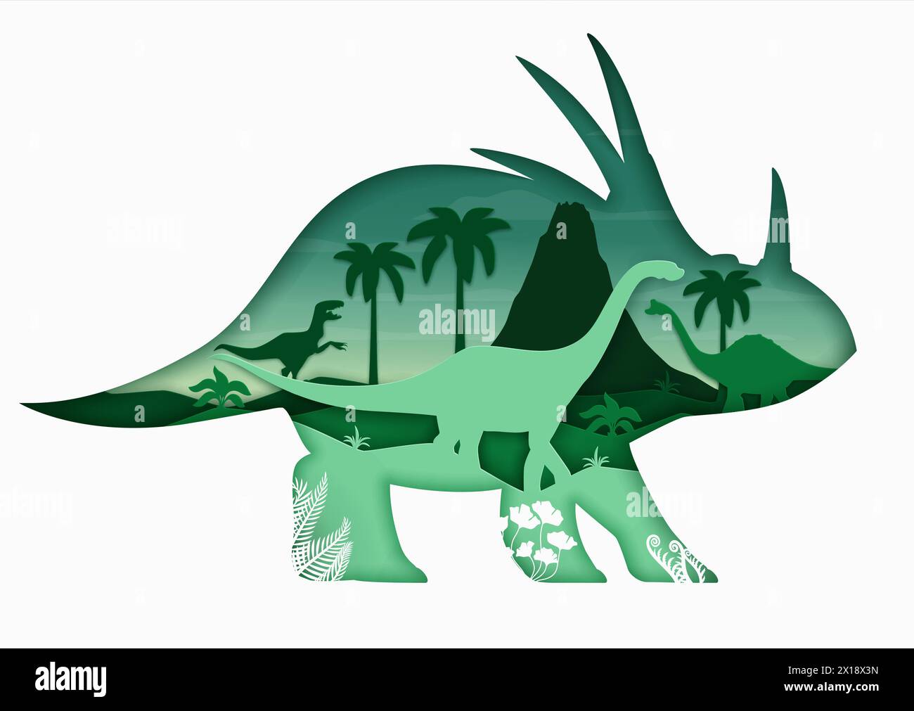 Paper cut triceratops dinosaur silhouette with prehistoric era ...
