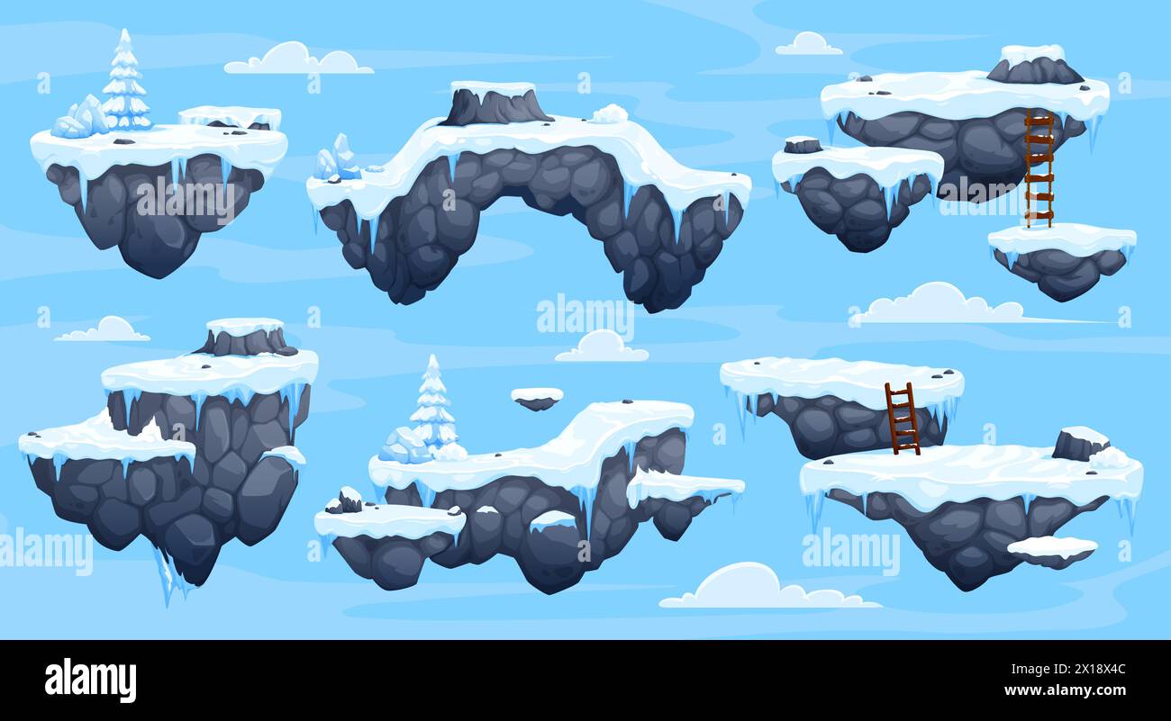 Arcade game platforms with ice and snow, winter level game asset ...