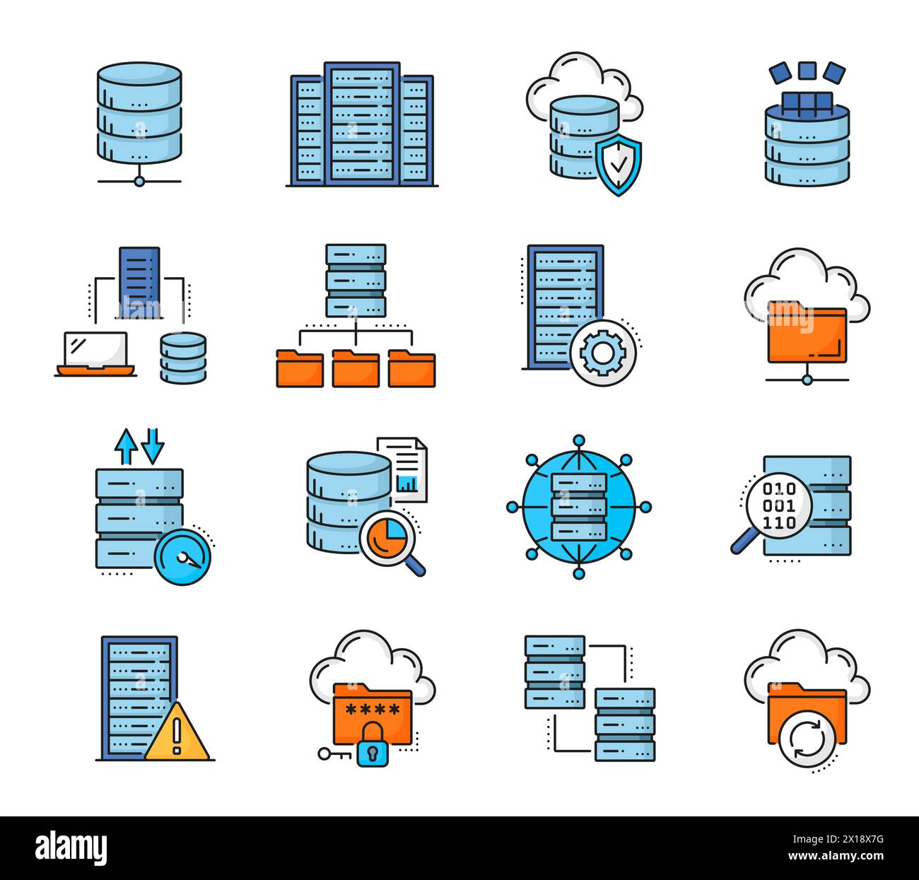 Color database network server and cloud storage icons, internet technology vector line symbols ...