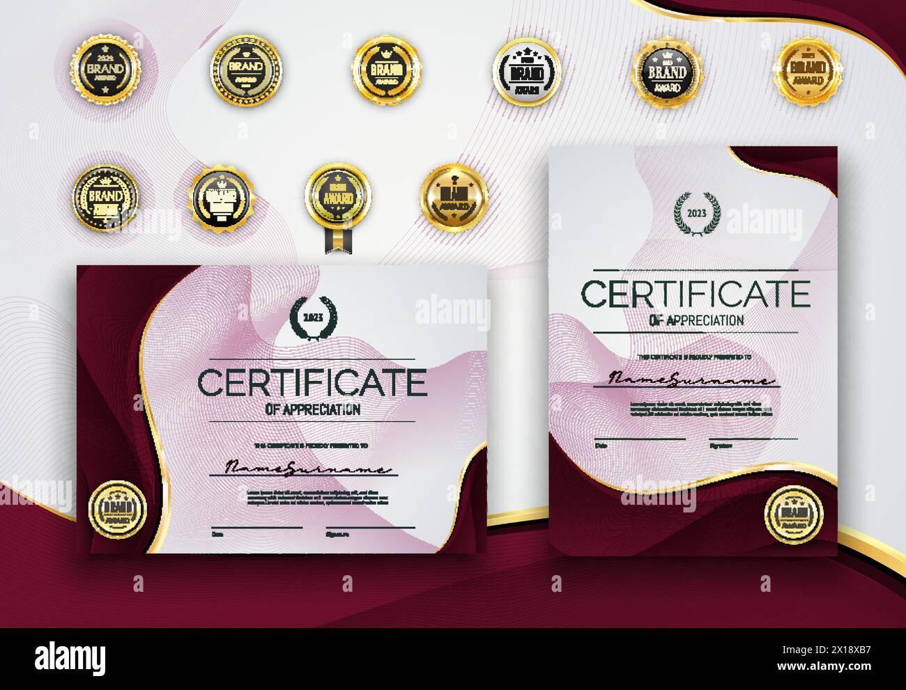 Maroon certificate diploma award vector template with golden seals and ...