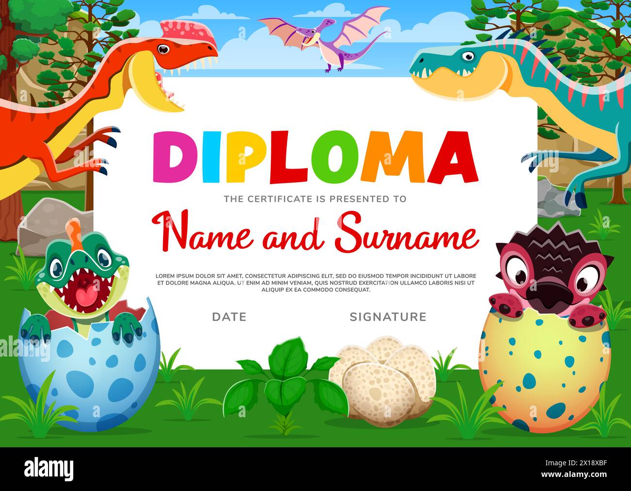 Kids diploma, cartoon funny dinosaur reptiles and dino eggs. Vector ...