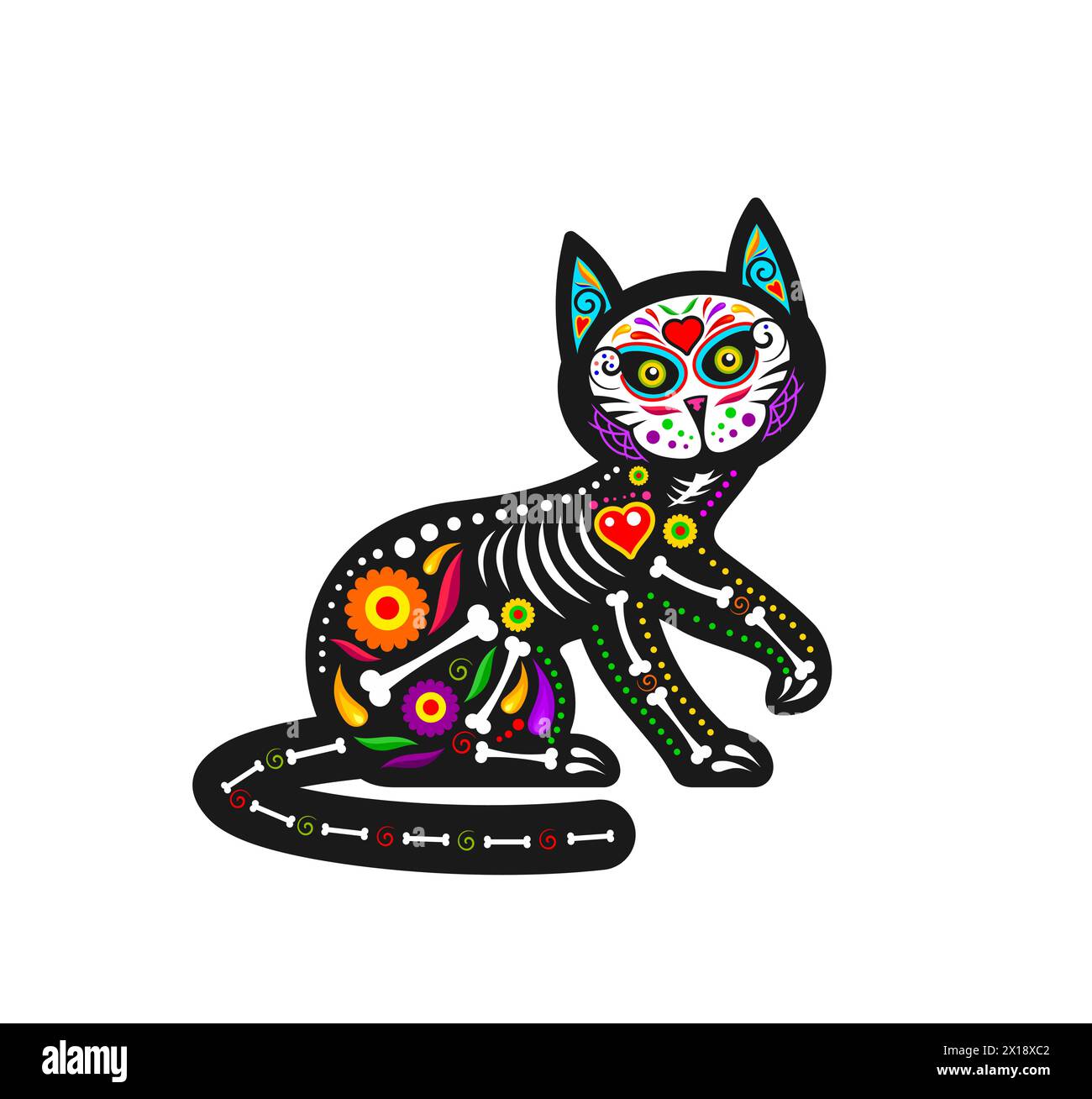 Mexican day of the dead cat animal sugar skull tattoo. Isolated vector dia de los Muertos kitten ...