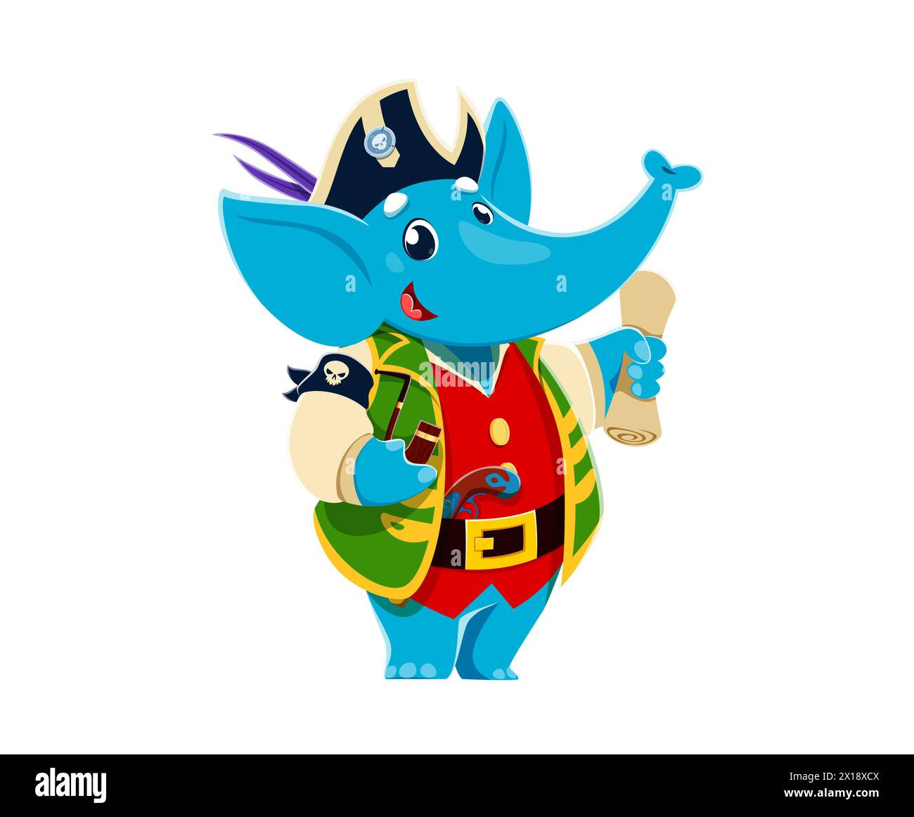 Cartoon funny elephant animal captain pirate character with treasure ...