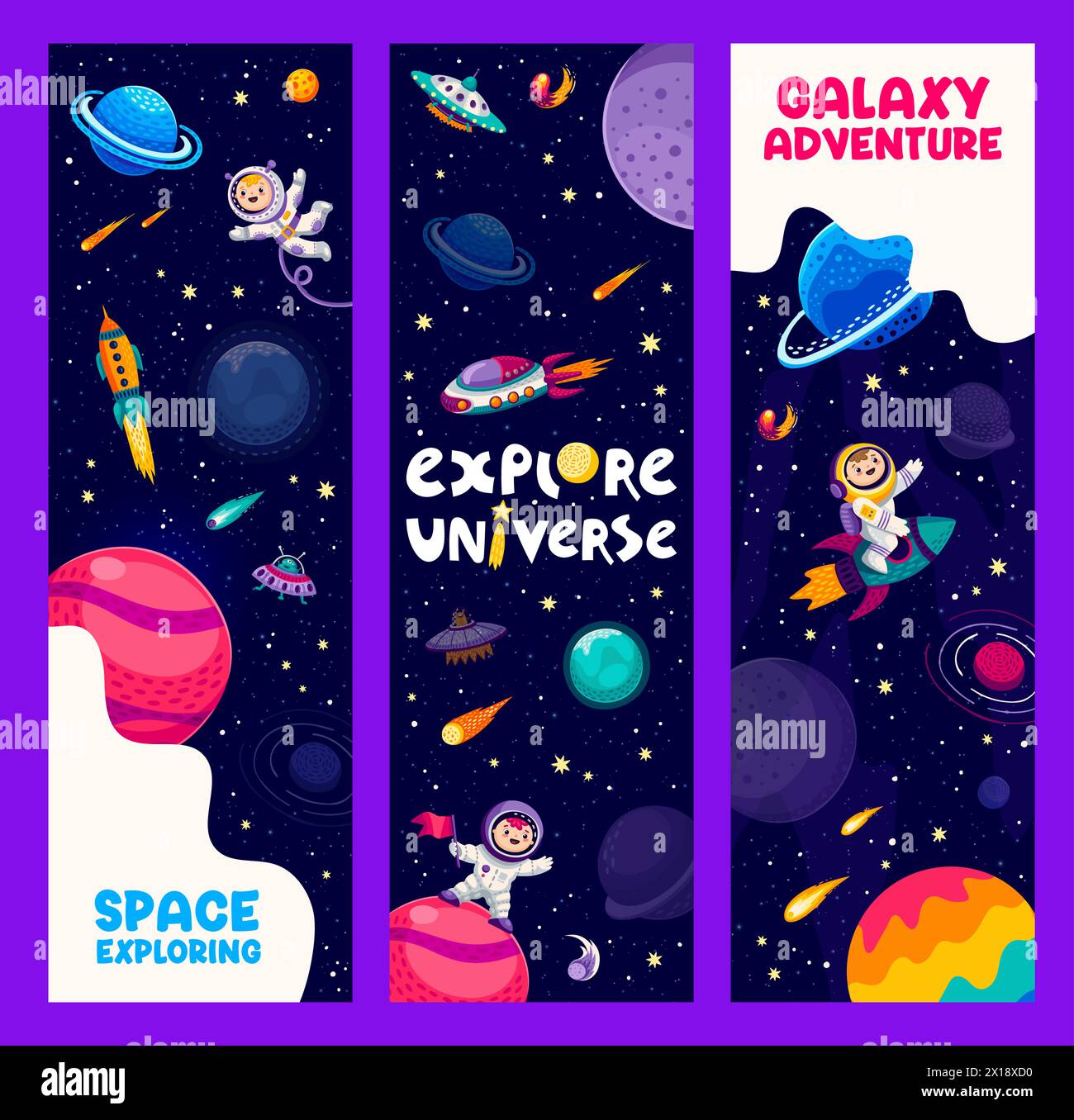 Galaxy space banners with cartoon kid astronauts, spacecraft and ...