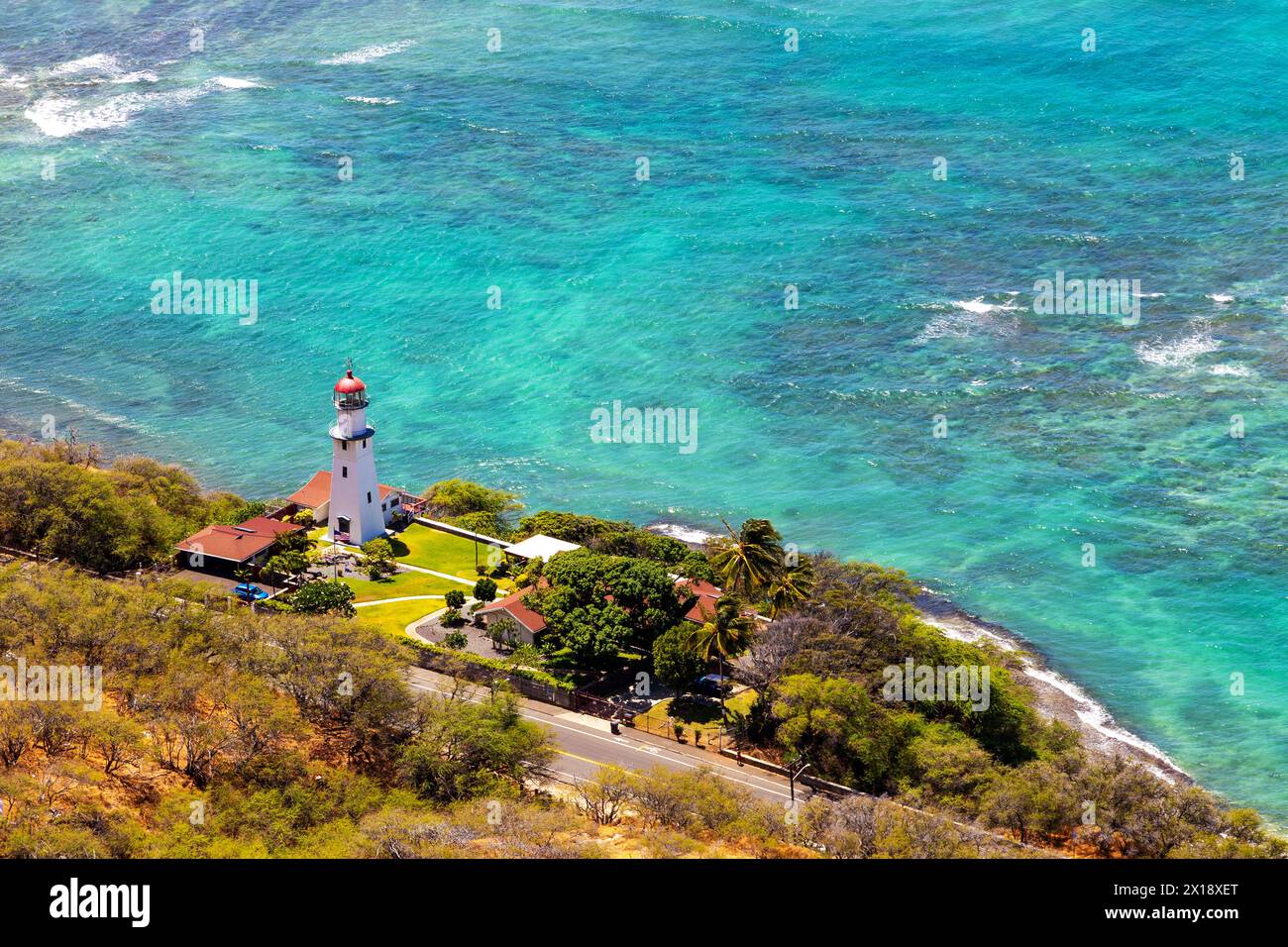 Aerial view of the landmark Diamond Head Lighthouse in Honolulu, on the ...