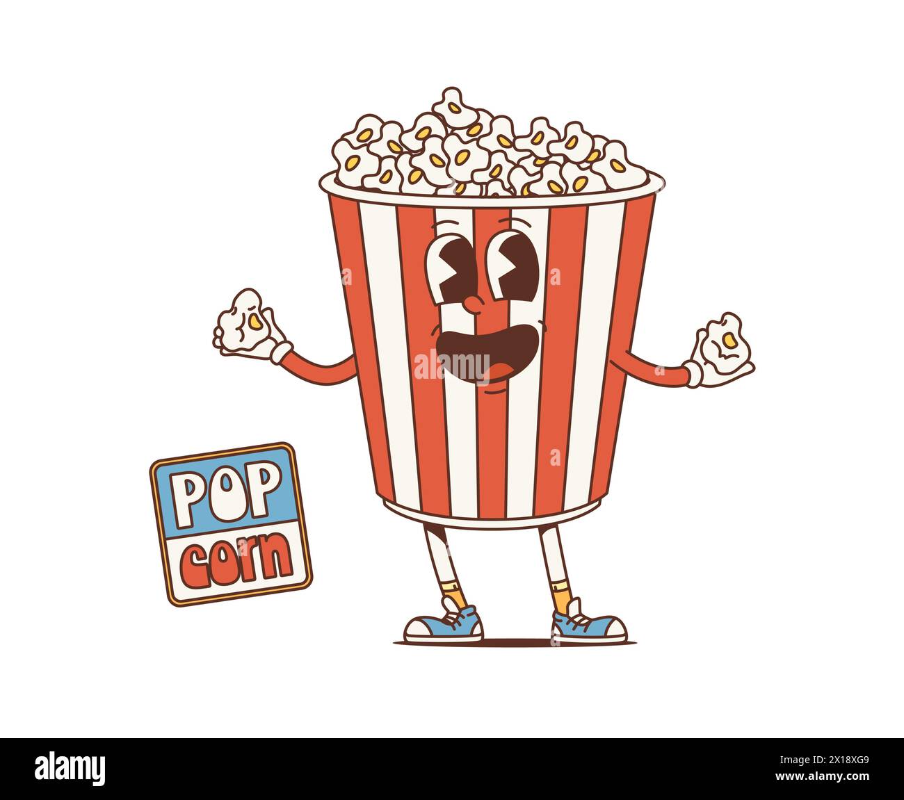 Cartoon retro movie popcorn bucket groovy character. Isolated vector ...