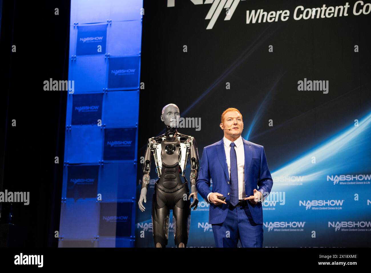 LAS VEGAS, Nevada - Ameca & Daniel Anstandig speaking at NAB 2024 at ...