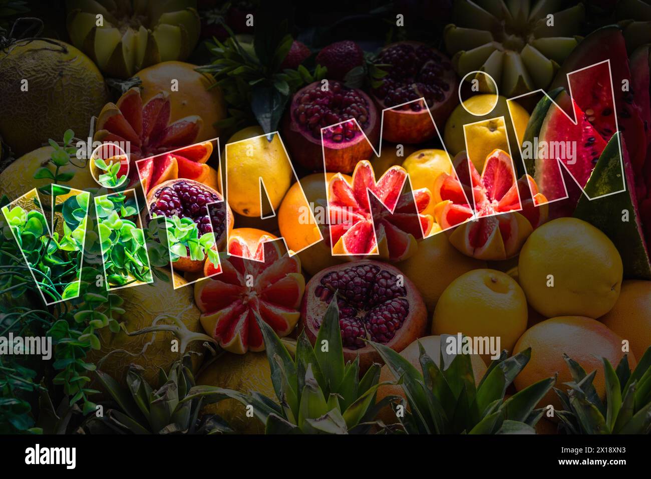Fresh fruits with vitamin wording. Assorted fruits colorful background ...