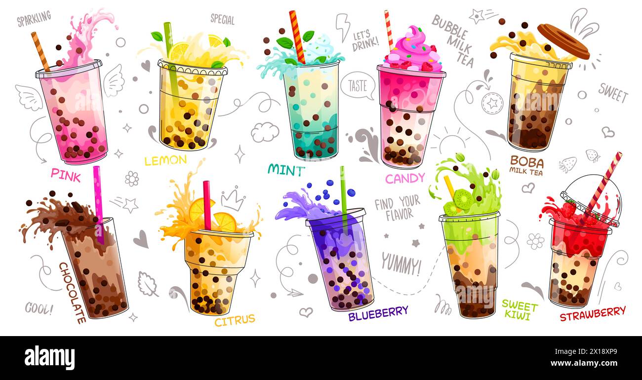 Cartoon milk bubble tea cups isolated vector set. Vibrant array of ...