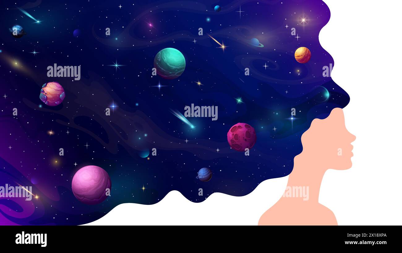 Woman with galaxy space hair. Vector double exposure profile of girl ...