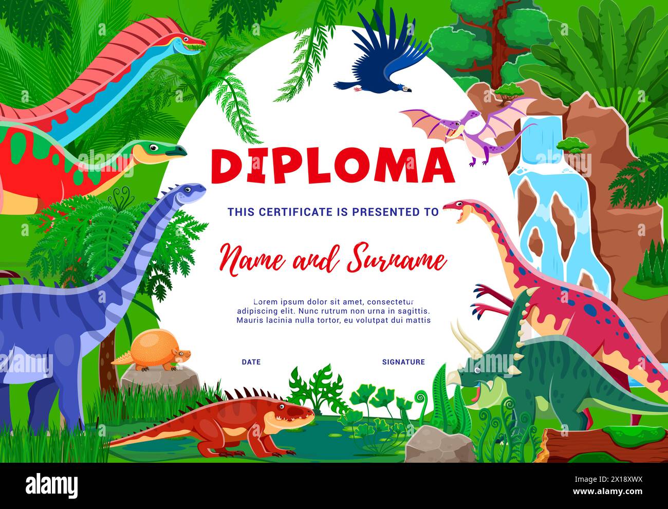 Kids diploma with cartoon dinosaur characters, vector education ...