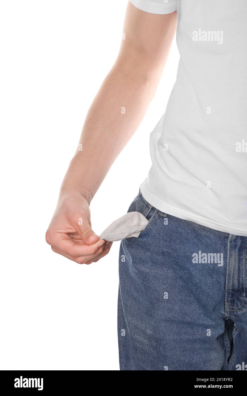 Poor man showing empty pocket on white background, closeup Stock Photo ...