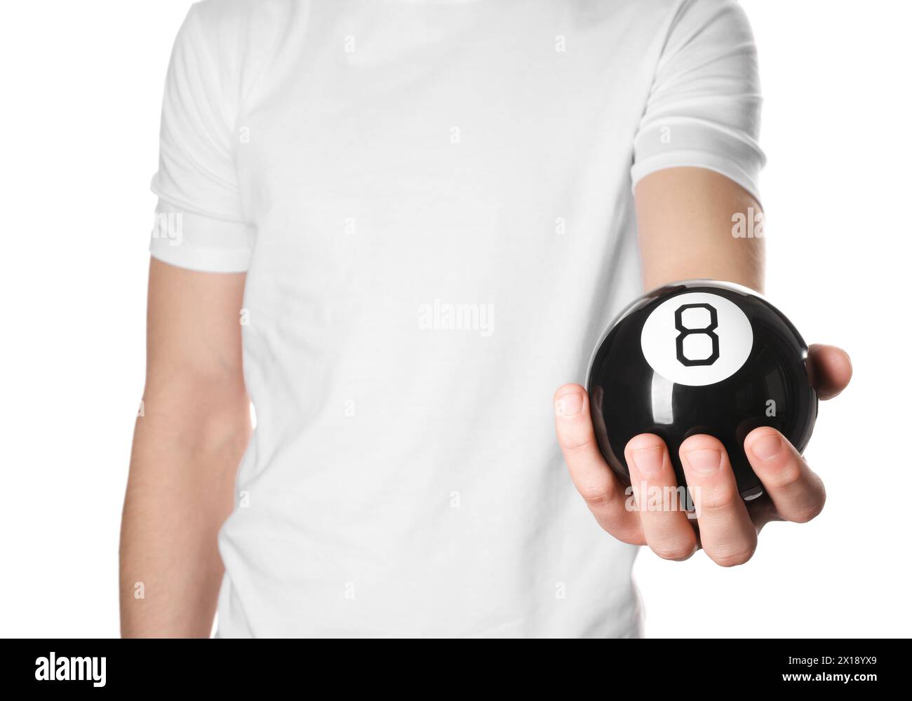Man holding magic eight ball on white background, closeup Stock Photo ...