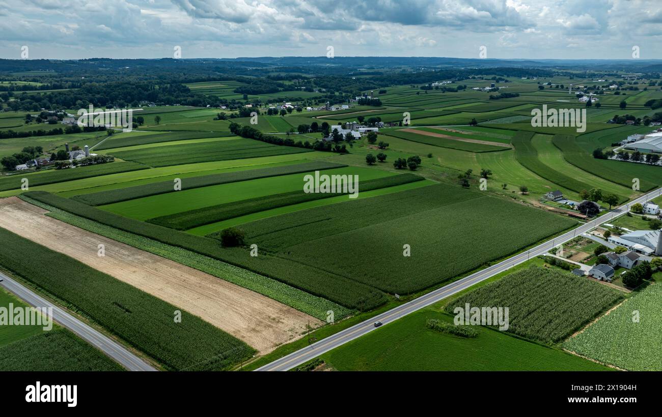 Sweeping aerial perspective of rich, green farmland, segmented by roads ...