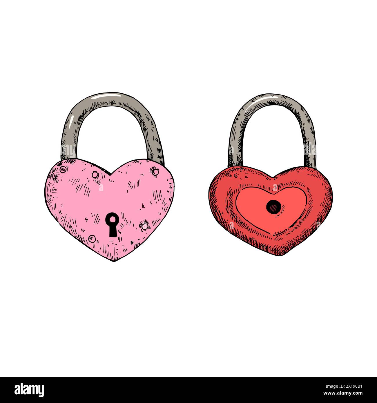 Heart-shapes padlocks in retro style. Hand-drawn design elements ...