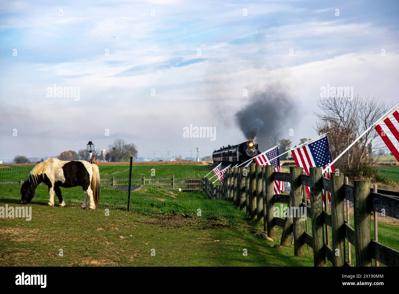 A serene pastoral scene unfolds as a horse grazes calmly while a ...