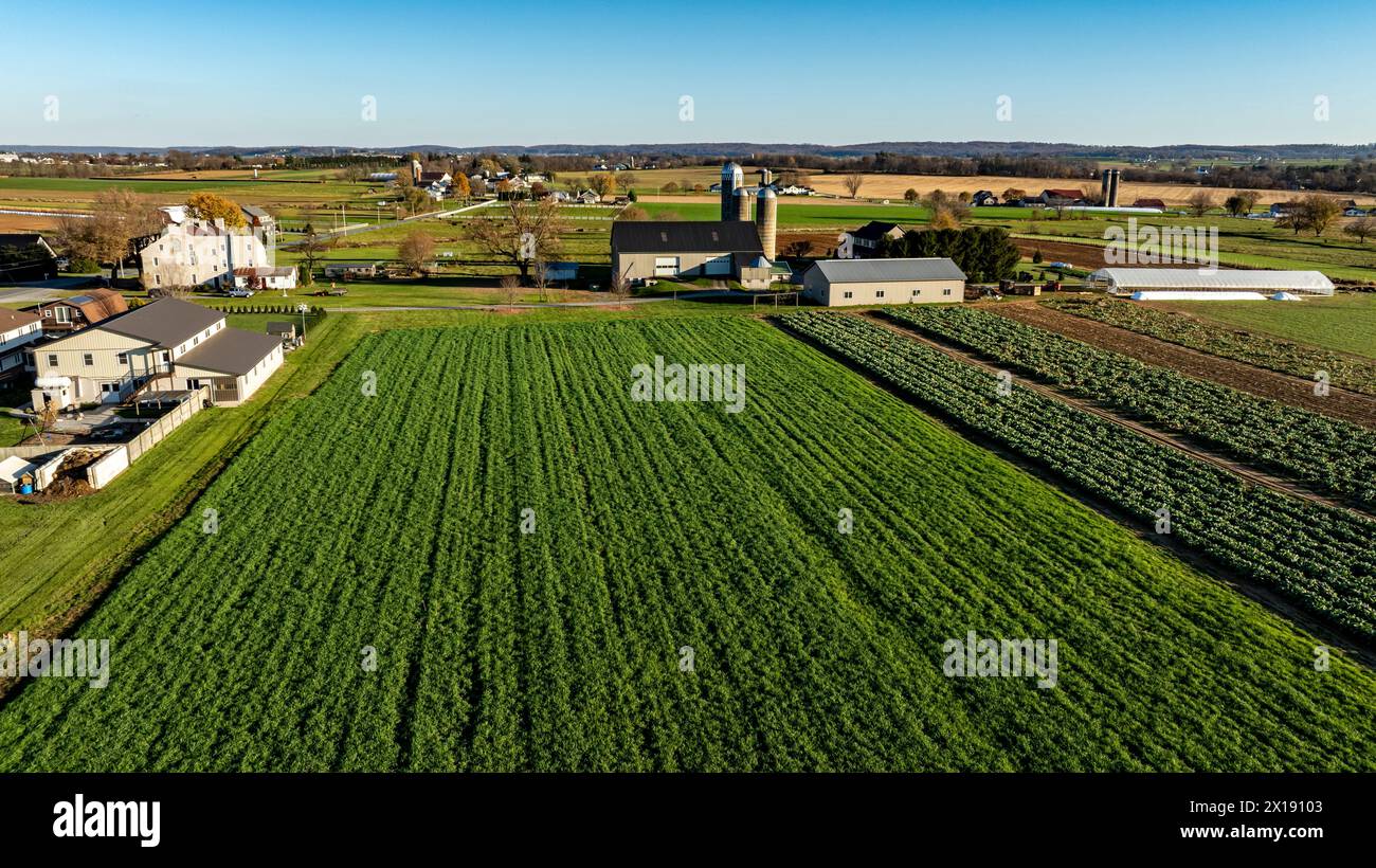 Captured from above, this image reveals a rustic farmstead surrounded ...