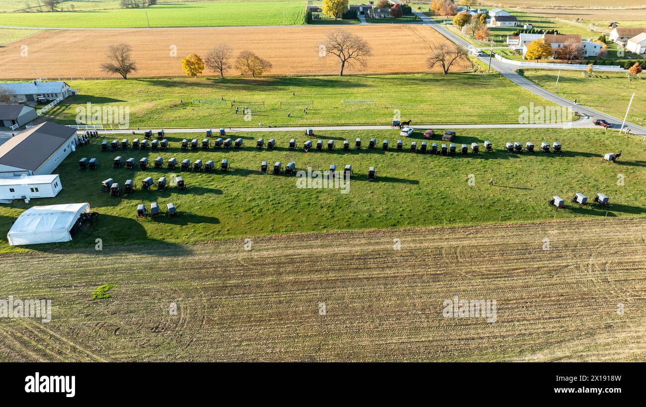 A vivid aerial photograph captures Amish buggies neatly arranged at a ...