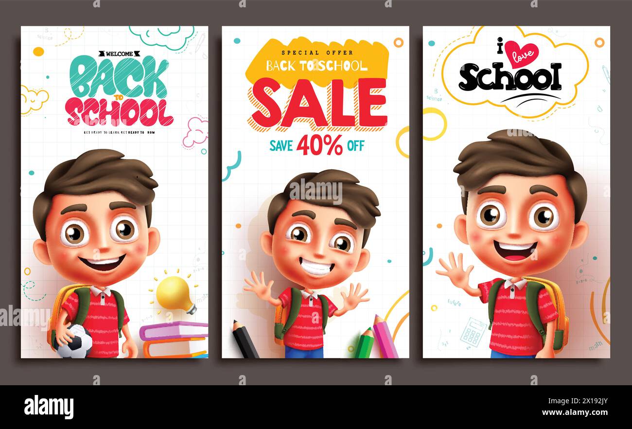 Back to school with boy character vector posters. Back to school sale ...