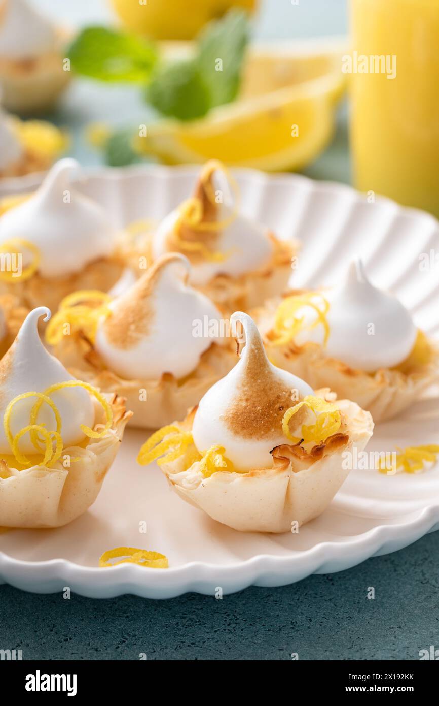Lemon meringue tartlets with lemon curd in filo pastry shells Stock ...