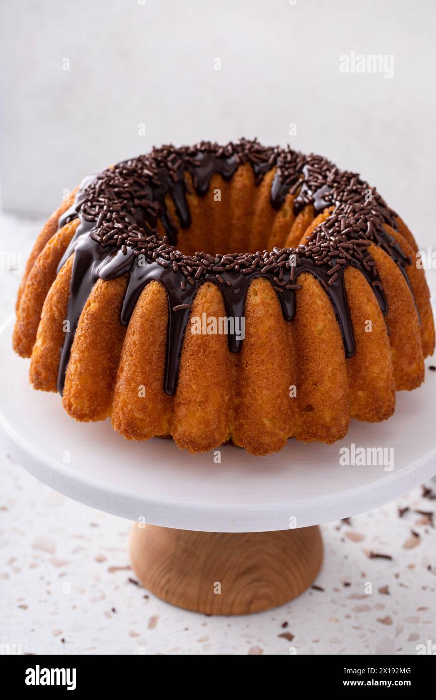 Traditional pound cake or orange pond cake topped with chocolate ...