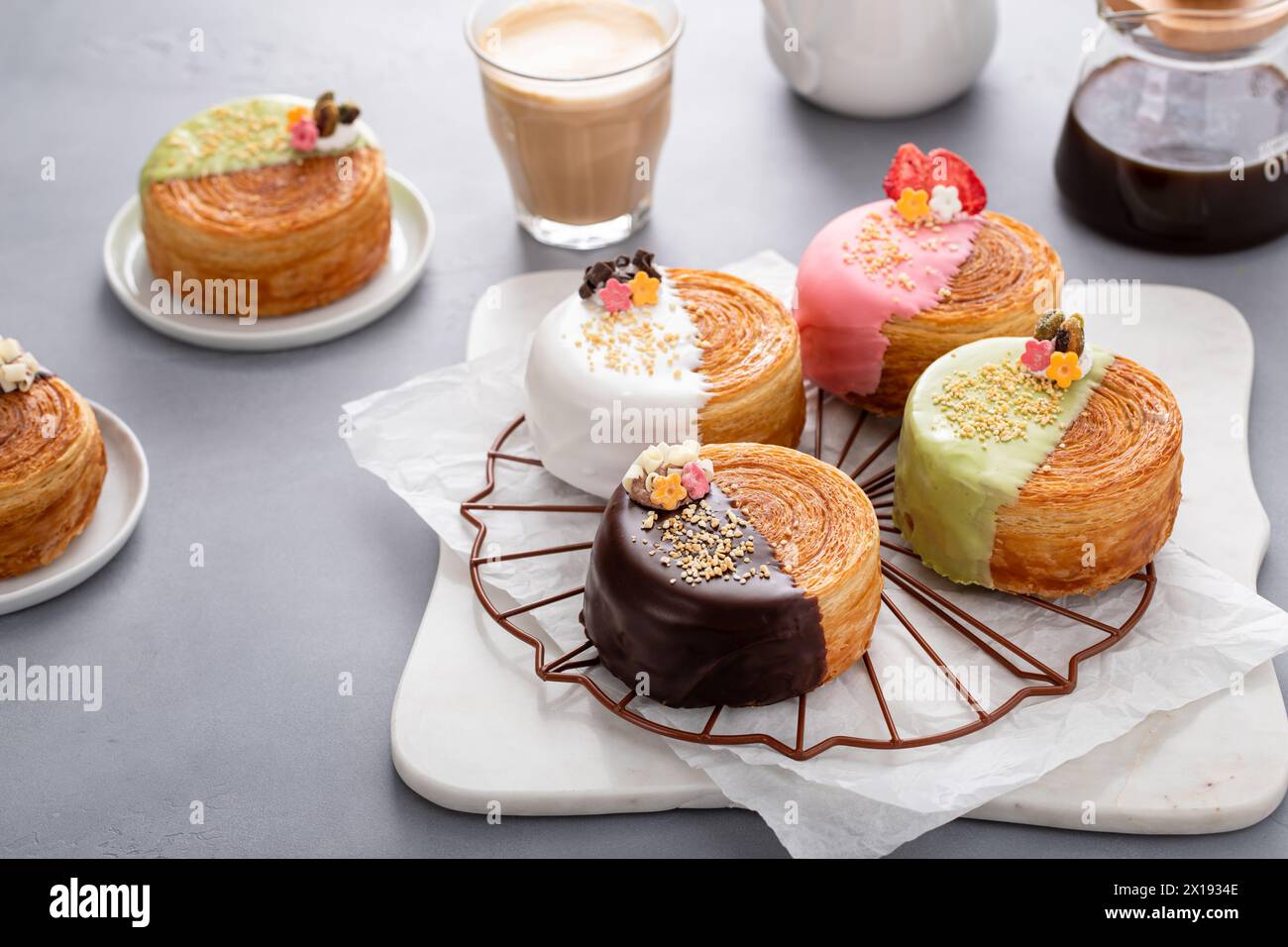 Round croissants with filling and glaze, trendy dessert idea Stock ...