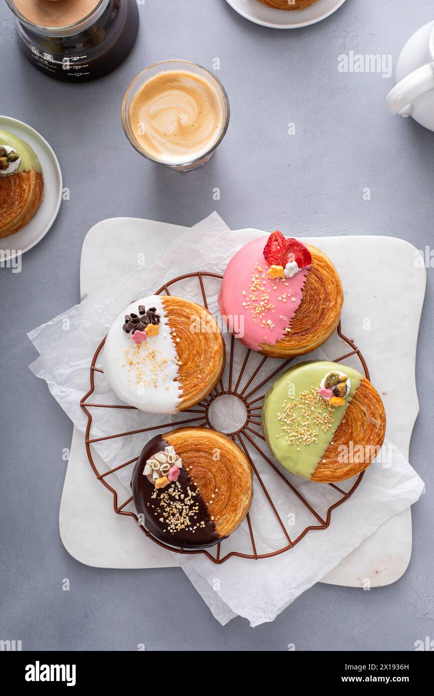 Round croissants with filling and glaze, trendy dessert idea, overhead ...