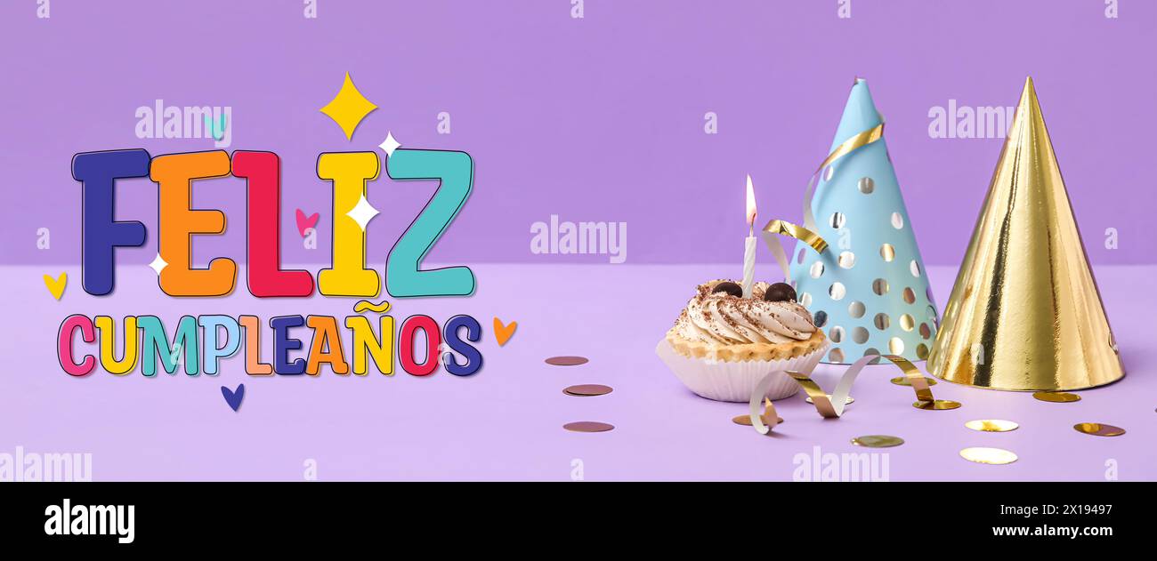 Festive banner with text FELIZ CUMPLEANOS (Spanish for Happy Birthday ...