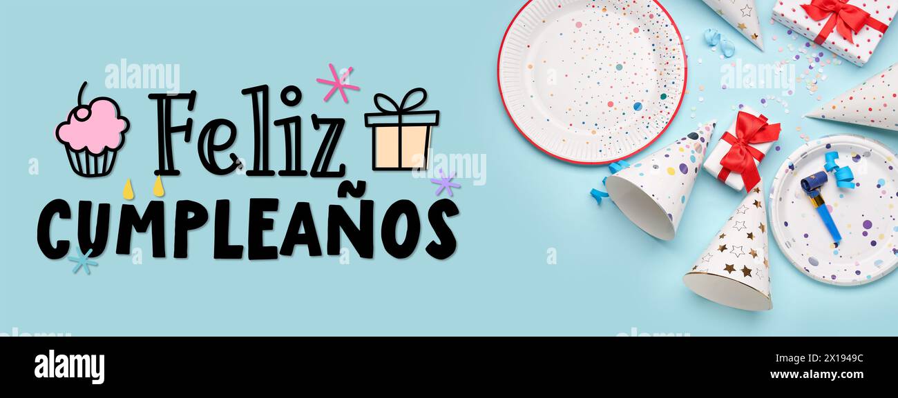 Festive banner with text FELIZ CUMPLEANOS (Spanish for Happy Birthday ...