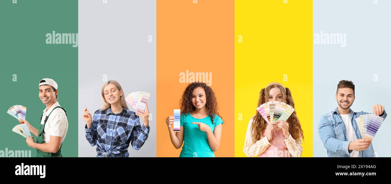 Collection of designers with color samples on color background Stock ...