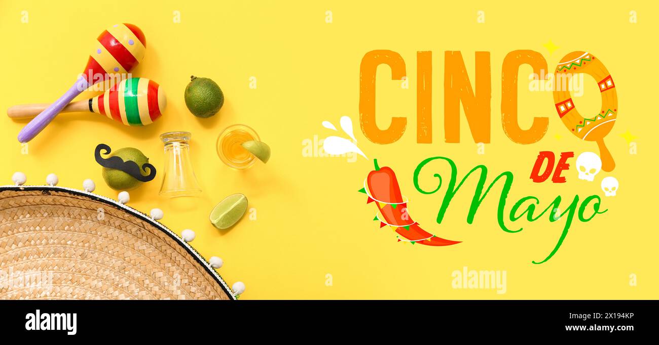 Shots of tequila, lime, sombrero and maracas on yellow background ...