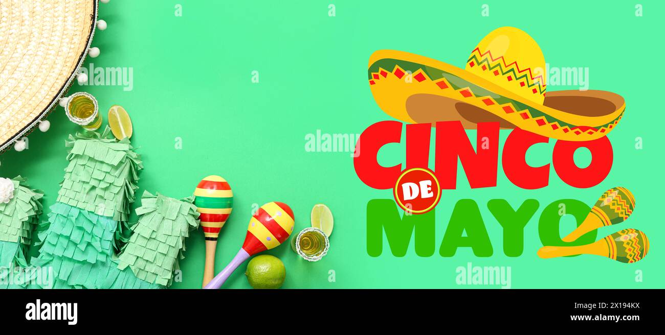 Mexican symbols and shots of tequila on green background. Banner for ...