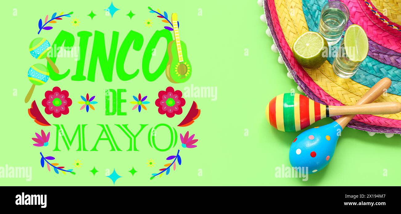 Sombrero hat, maracas and shots of tequila with lime on green ...