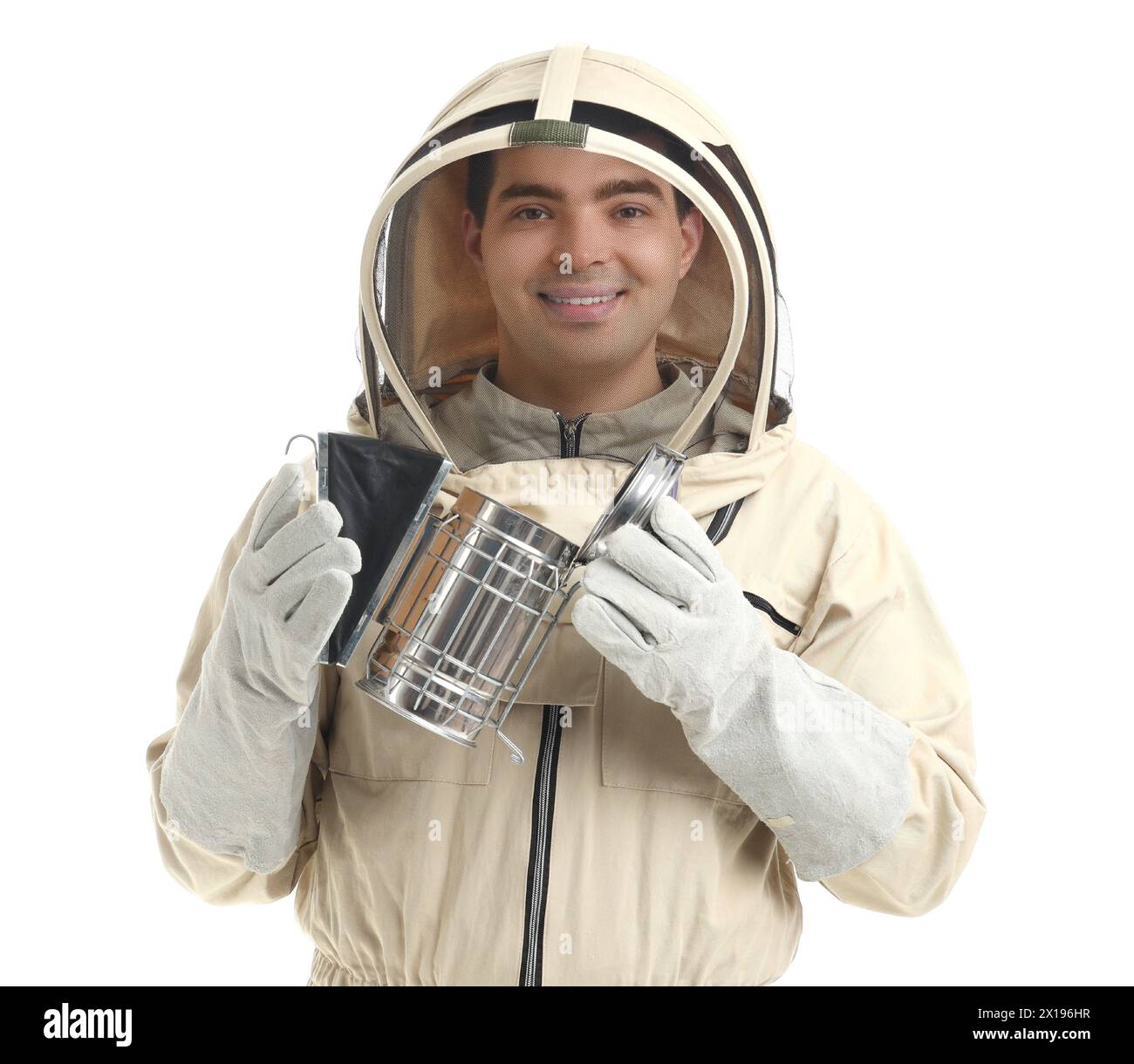 Male beekeeper with smoker on white background Stock Photo - Alamy