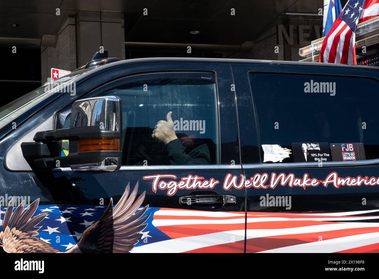 New York, United States. 15th Apr, 2024. The driver of a Pro-Trump ...