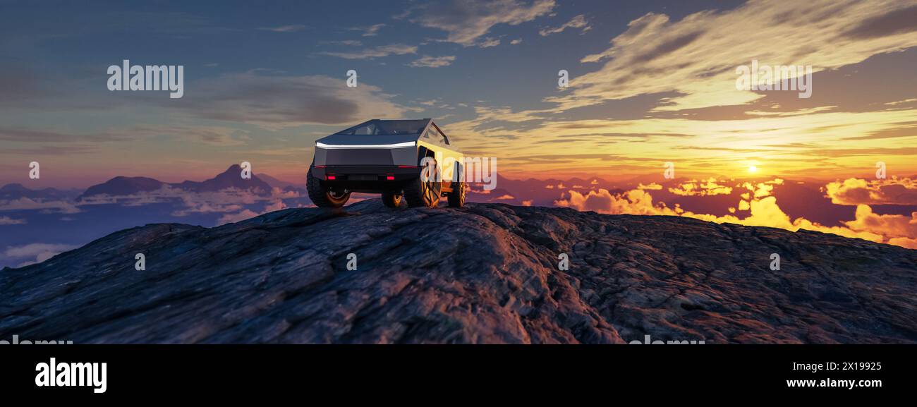 Tesla Cybertruck on a Rocky Mountain Top. Aerial landscape in ...