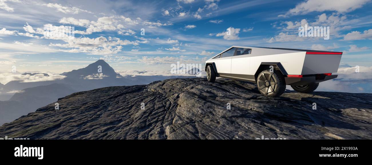 Tesla Cybertruck on a Rocky Mountain Top. Aerial landscape in ...