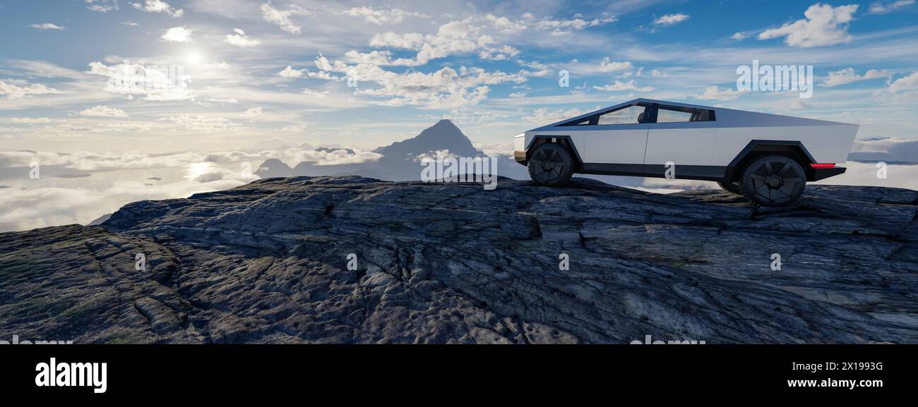 Tesla Cybertruck on a Rocky Mountain Top. Aerial landscape in ...