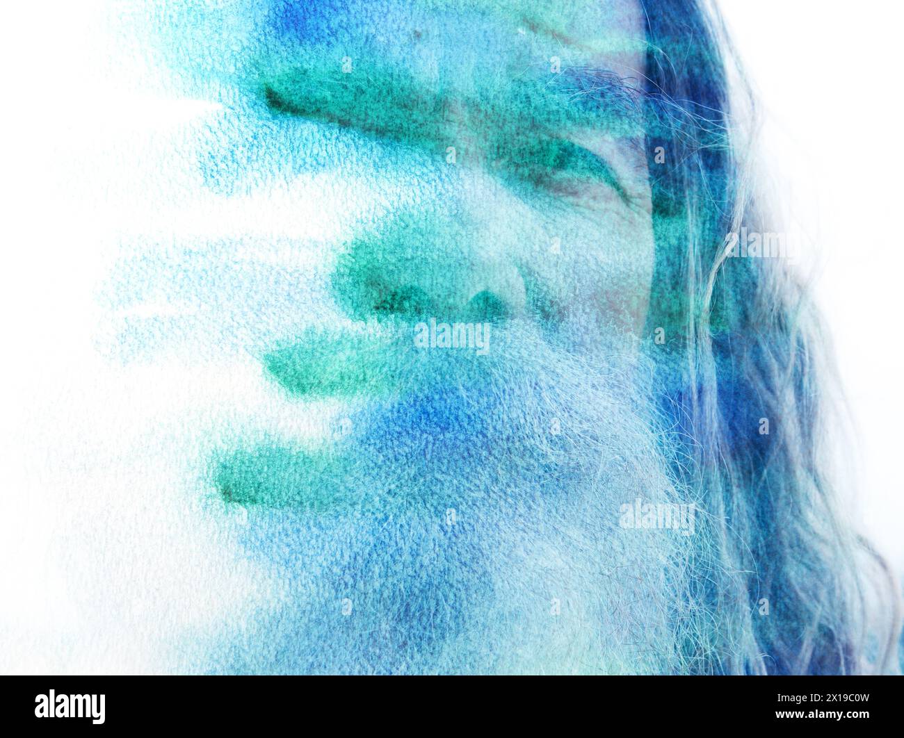 A watercolor paintography portrait of an old man melting into the ...