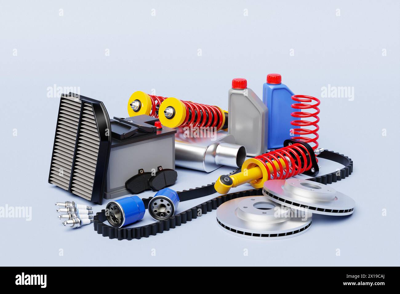 3d illustration of auto parts car shock absorber, oil canister, fuel ...