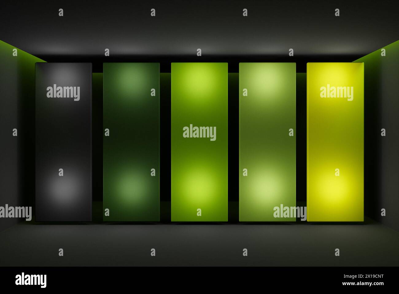 3D illustration of neon rectangular frames on a black background ...