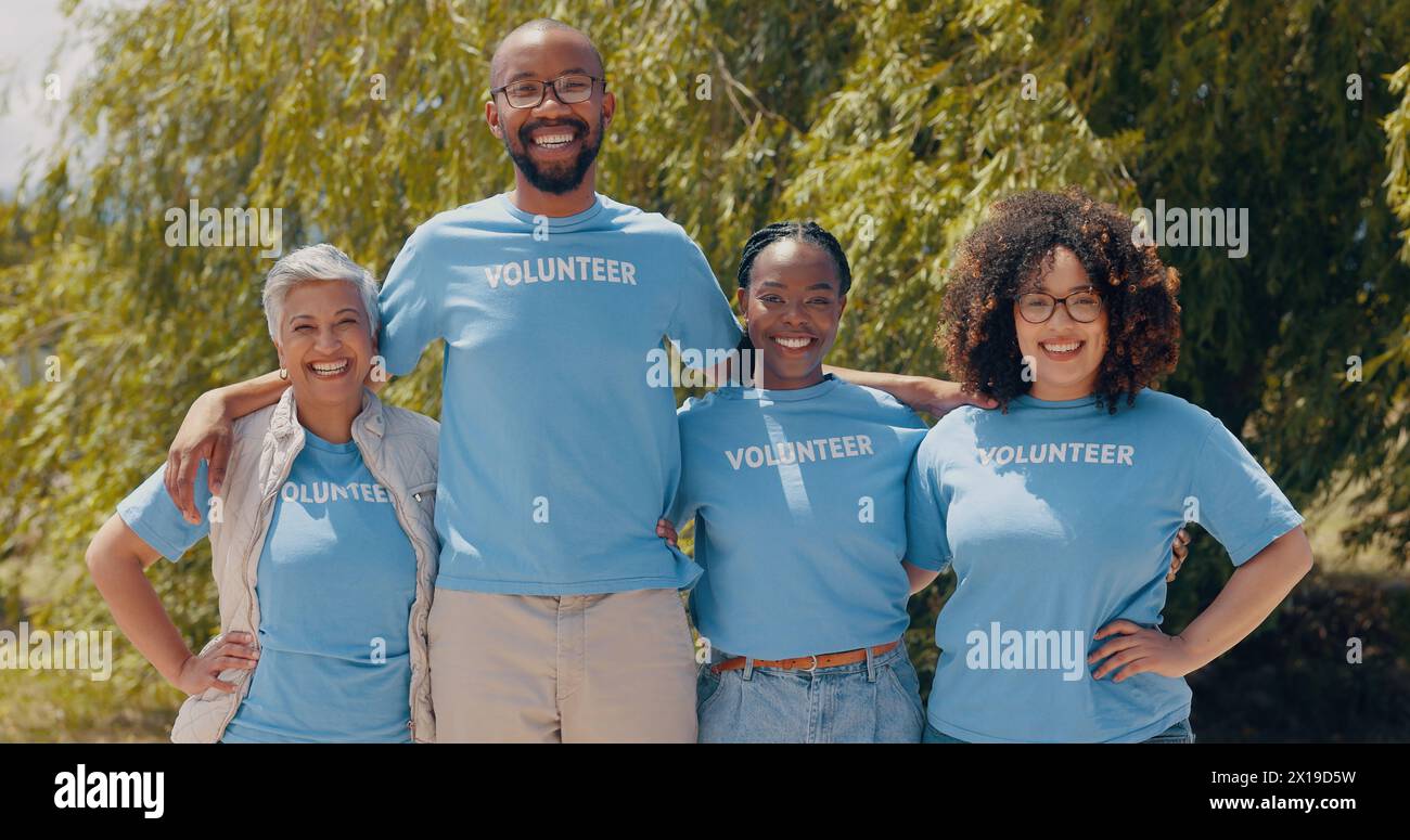 Charity, portrait and volunteer team at park for earth day, community ...