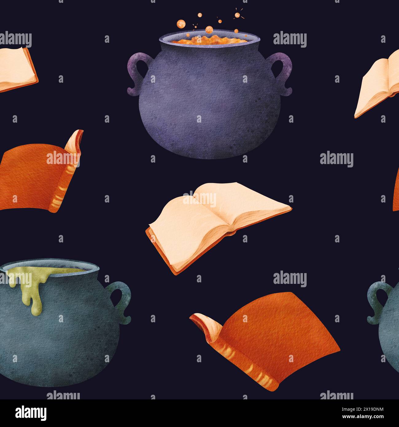 Seamless Halloween pattern. witch's set: cauldrons with potions ...