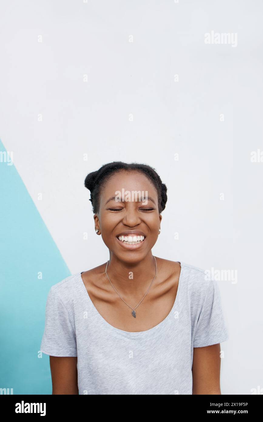 Black woman, smile or wow with face, choice or eyes closed in hope ...