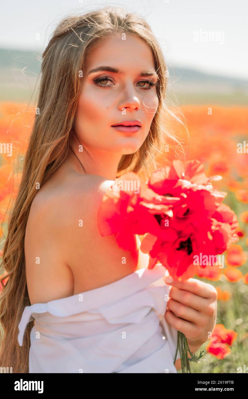 Woman Poppies Field Side View Of A Happy Woman With Long Hair In A Poppy Field And Enjoying The