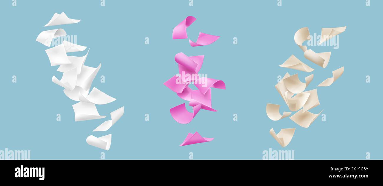 Paper pile fly in air. Realistic 3d vector illustration set of white ...