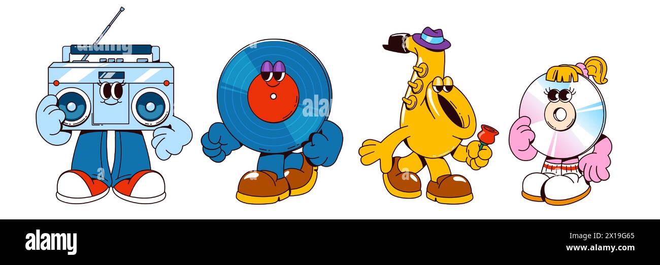 Retro music characters set isolated on white background. Vector cartoon ...